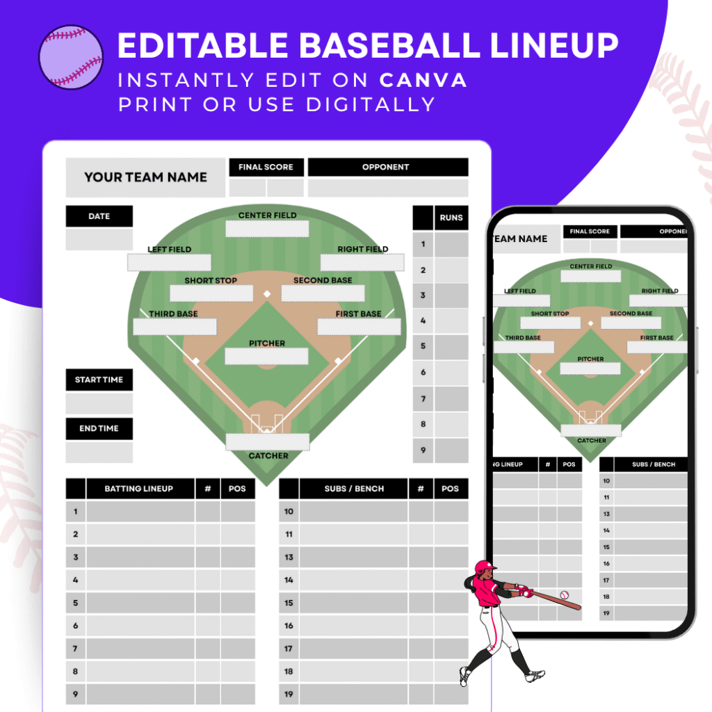 EDITABLE Baseball Lineup & Field-Position Template | Canva Download ...